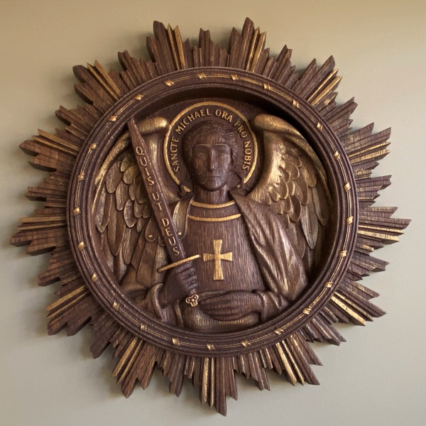 Archangel Michael Wood Carving: Religious Wall Art, Christian Gift ...
