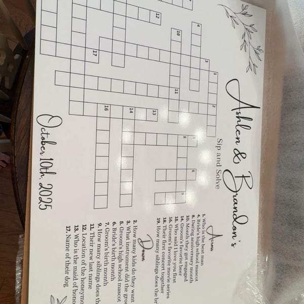 Custom Dry Erase Wedding Crossword - Sip and Solve - Large Print ...