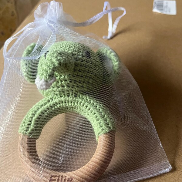 Crochet Toy Rattle for Babies, Personalized Wooden Rattle Ring for ...