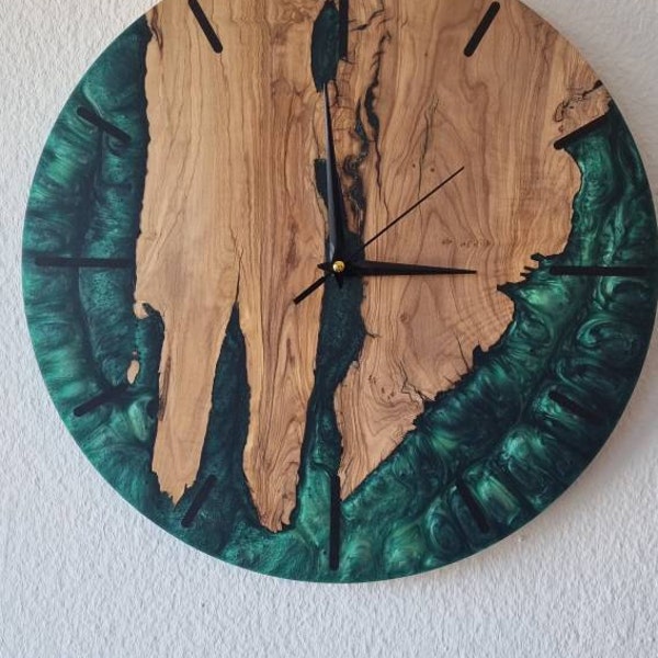 Green Resin Wall Clock, Custom Made Resin & Olive Wood, Made to Order ...