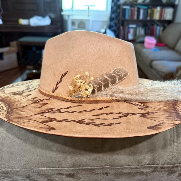 Hand Burned Custom Wide Brim Fedora Hat | Floral, Flower, Sunflower, Summer, Derby, Concert ...