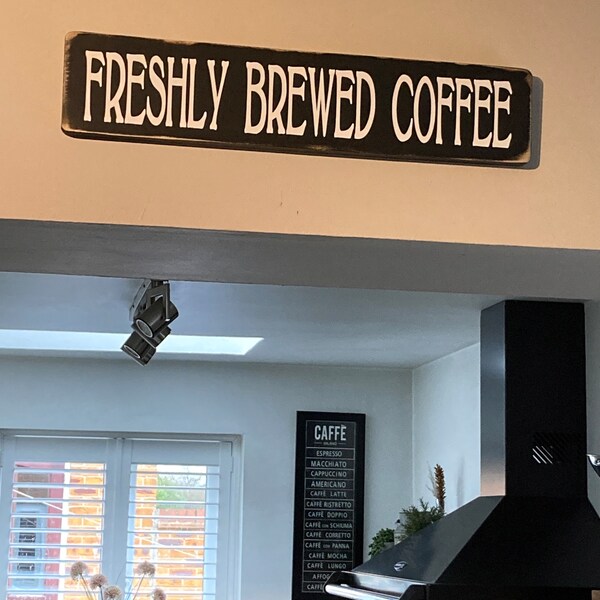 Freshly Brewed Coffee Sign Large Rustic Vintage Style Wooden Kitchen ...