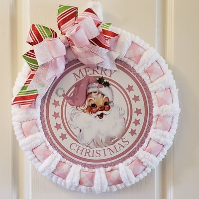 Vintage Pink Santa Christmas Sign Christmas Wreath Sign Door Hanger ...