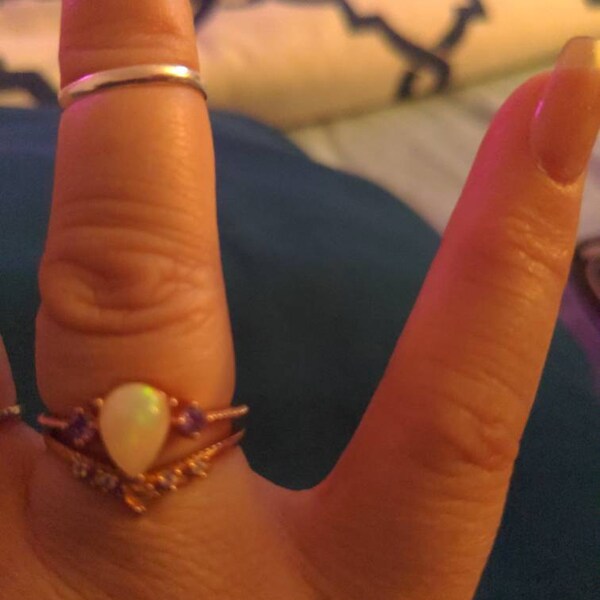April Natural Opal and Amethyst Ring Set Dainty Minimalist Crystal ...