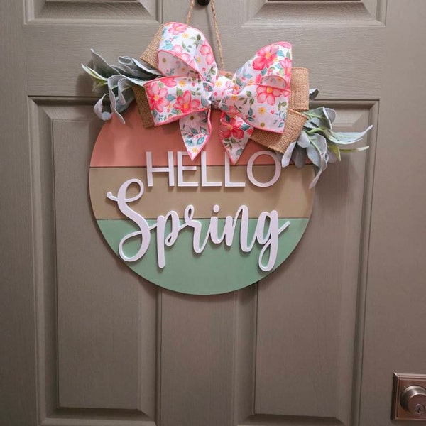 Spring Door Sign for Front Door Hello Spring Door Wreath Wooden Door ...