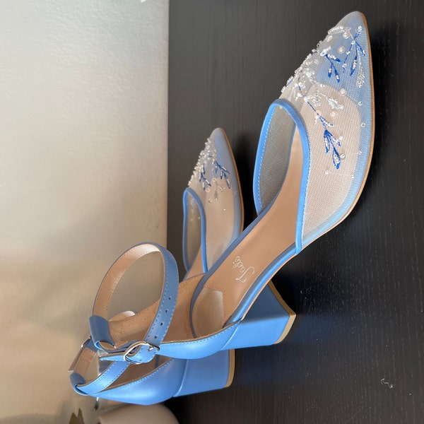 Blue Wedding Sandals With Low Block Heels, Ankle Strap and Handmade ...