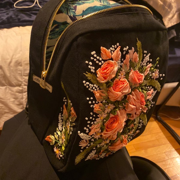 Beautiful Rose Embroidered Backpack, Ribbon Embroidery Art, Durable ...