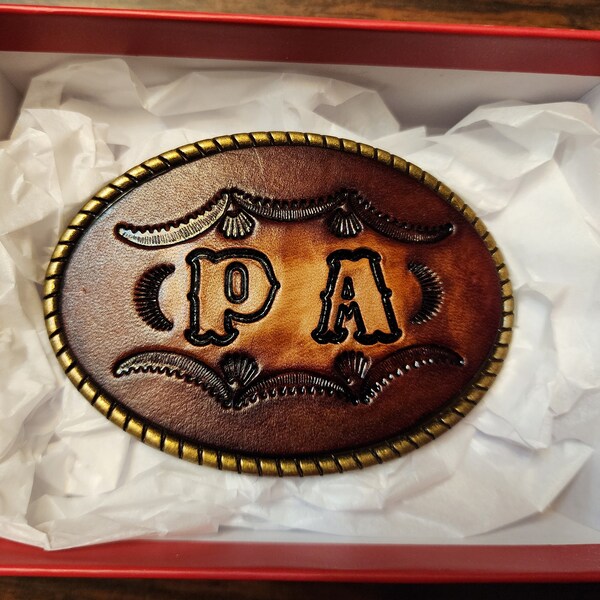 Large Custom Tooled Leather Belt Buckle, MADE to ORDER, Names or ...