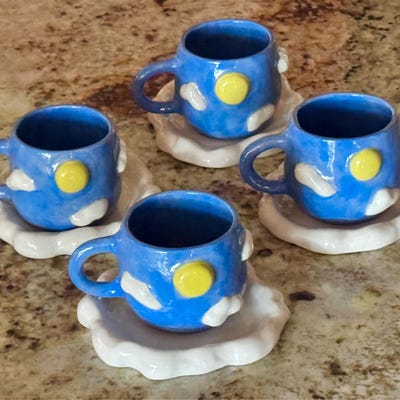 Hand Painted Plain Eyes Striped Handle Clay Coffee Mug, Funky Mug ...