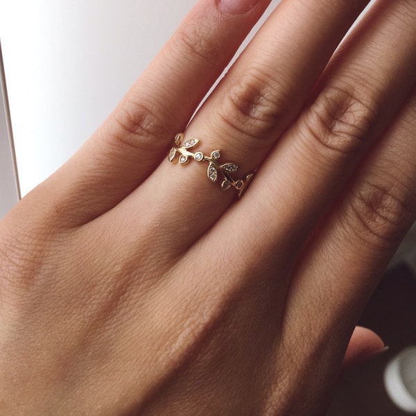 14K Solid Yellow Gold Olive Leaf Simulated Diamond Ring, Delicate ...
