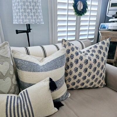 Designer Block Print Floral Blue Beige Classic Nubby Texture Pillow ...