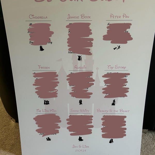 Disney Theme Wedding Table Plan, Seating Chart - Disney Character ...