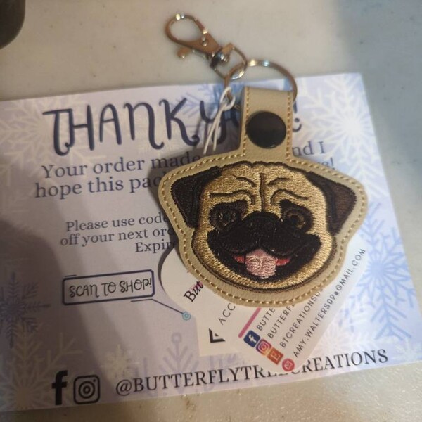 Realistic Pug Keychain: Embroidered Faux Leather Key Fob or Bag Charm ...