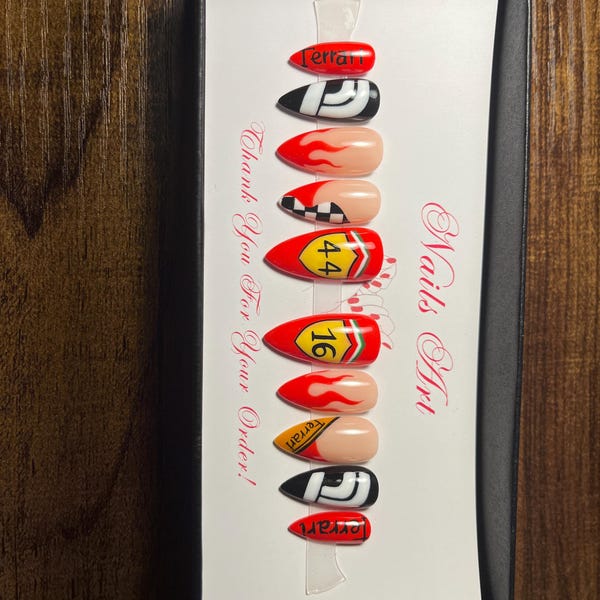 Ferrari Racing Press on Nails: Handmade Flame Checkered Nail Art ...