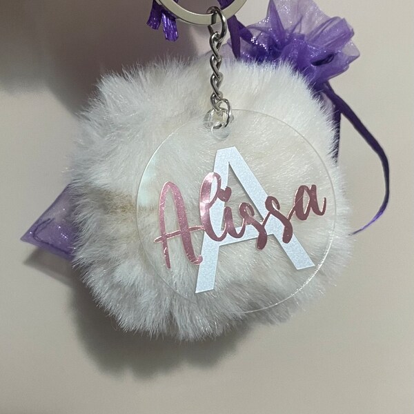 Personalised Keyring With Heart Pom Pom, Faux Fur Custom Keychain ...