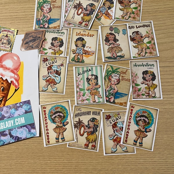Hawaii Hula Girl Stickers - Set of 18 - Handmade Junk Journal Stickers ...