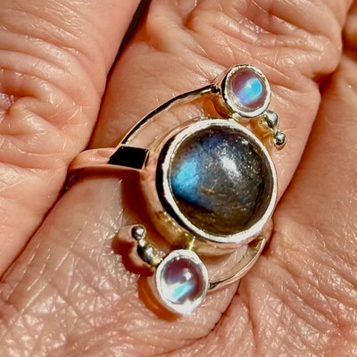 Natural Moonstone and Labradorite Ring , Blue Flashy Two Gemstone Ring ...
