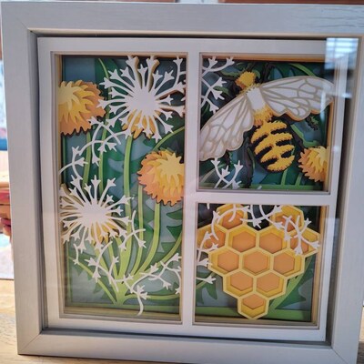 3D Bee Shadow Box SVG Layered Dandelions SVG, Spring Shadow Box, Honey Bee 3D Svg, Leaves and ...