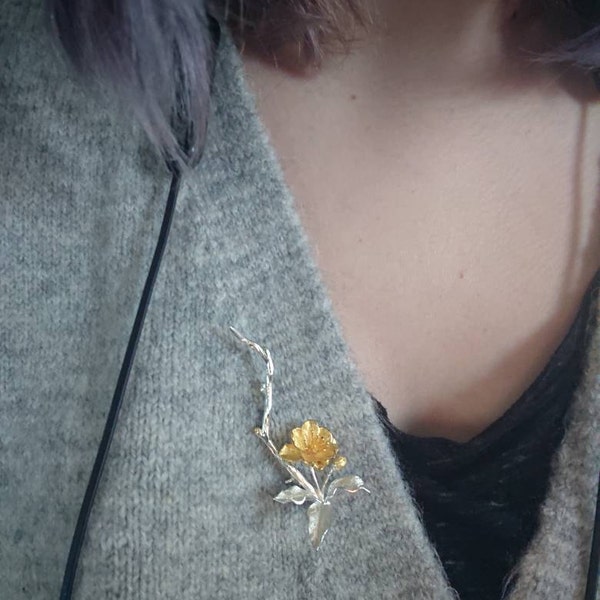 Begonia Flower Brooch-sterling Silver Blossom Flower Twig Brooch-gold Flower Slender Twig-floral ...
