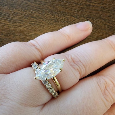 2.33 TC Marquise & Half Moon Cut Trilogy 14k Solid Yellow Gold Ring ...