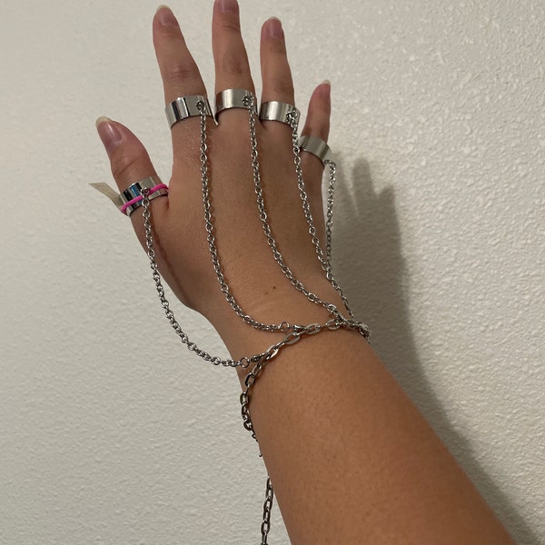 Handmade Five Finger Chain Rings Adjustable Cross Chain Linked Cuff ...