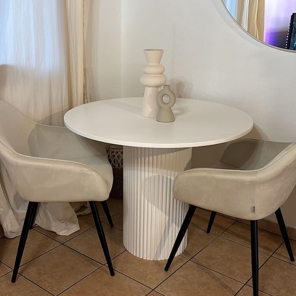 Round Fluted Table Wooden Fluted Table Creamy White Coffee Table Ribbed ...