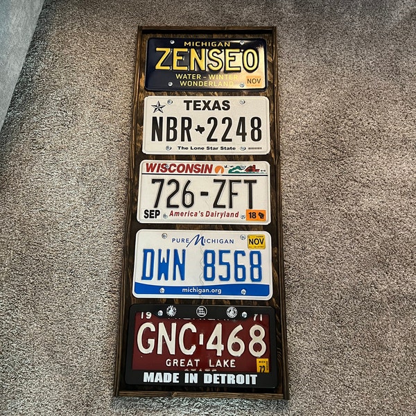 Handmade Wood License Plate Display Frame for 5 Plates: Man Cave Garage ...