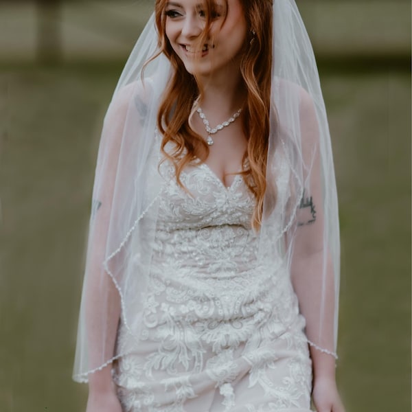 Floral Veil With Beads Scalloped Edge Veil Two Tier Veil Hand Beaded ...
