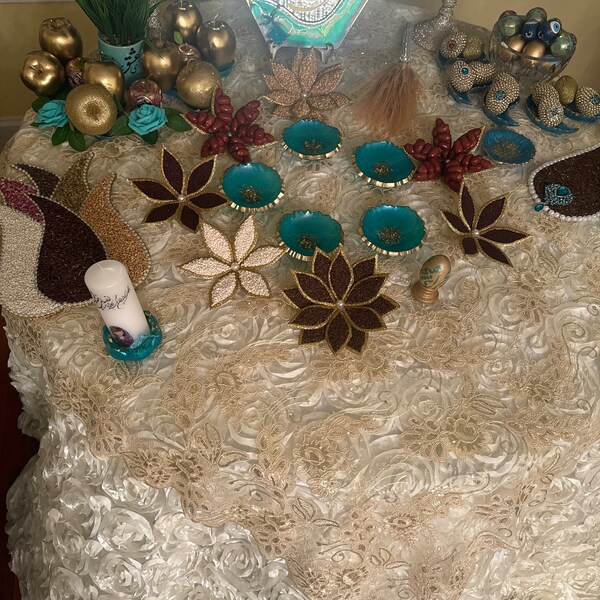 Sofreh Aghd 120", 132" Round Grandiose Rosette 3D Satin Tablecloth for ...