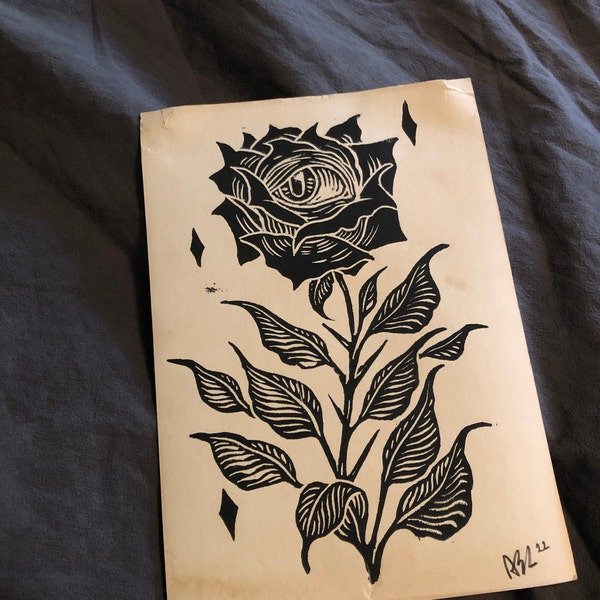 LITTLE ROSE - Linoleum Print on Nepalese Lokta Paper, Fantasy, Dark Art ...