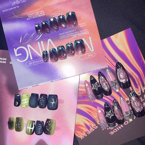 Y2K Pink Press on Nails Short Almond Nails/glitter Nails/aura Nails/3d ...