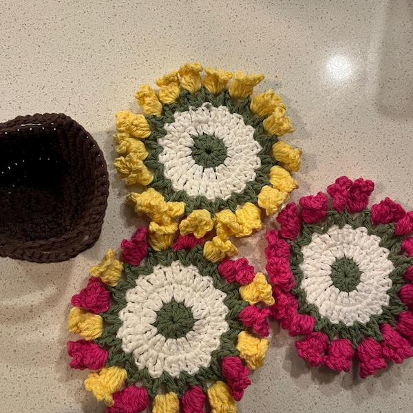 CROCHET PATTERN - Flower Pot Coaster Set Crochet Pattern Flower Bouquet ...