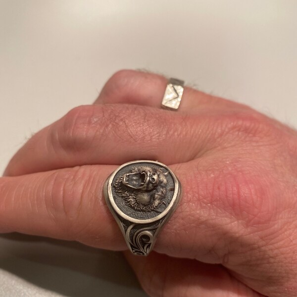 Handmade Bear Sterling Silver Men's Signet Ring, Viking Boho 925 Silver ...