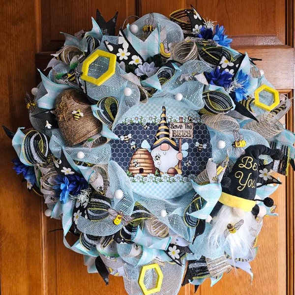 Round Save the Bees Wreath Sign, Summer Bee Wreath Sign, Gnome Bee ...
