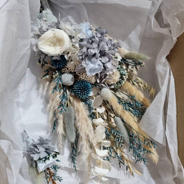 Preserved Flower Bouquet, Dusty Blue, Teal Blue Dried Flower Wedding ...