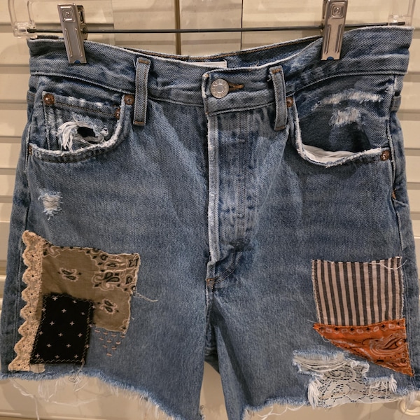 Patched Upcycled Distressed Jeans Size 34, Boho Chic Hippie Festival ...