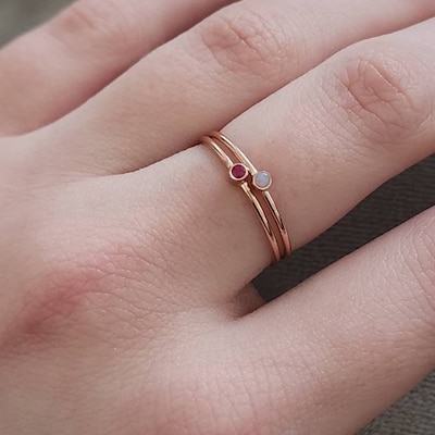 Opal Arch Ring October Birthstone Ring 14k Gold or Silver Modern Stacking Ring Small Round Opal ...