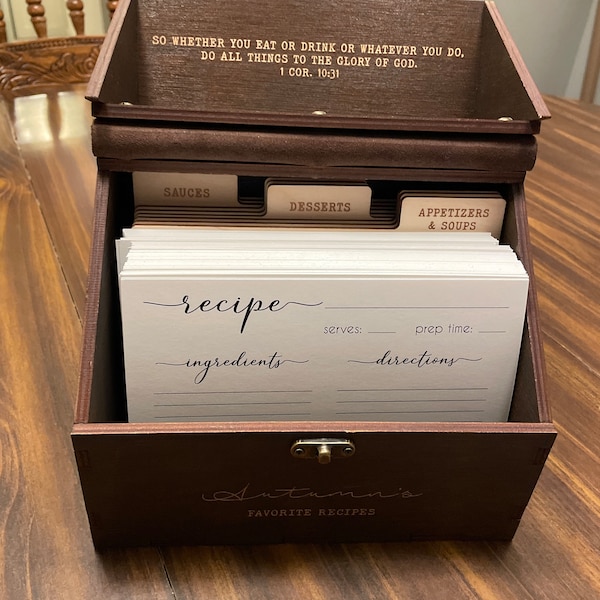 Personalized Recipe Box, Wood Recipe Box With Dividers & Recipe Cards ...