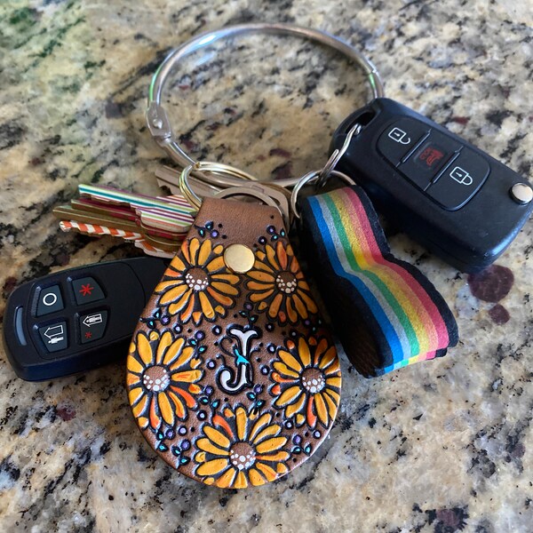 Custom Initial Leather Key Ring - Fall Sunflowers - Hand Painted Autumn ...