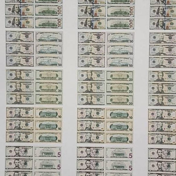 Mini Money US Dollars Bills Play Money Template (1:6/ 12..), Instant ...
