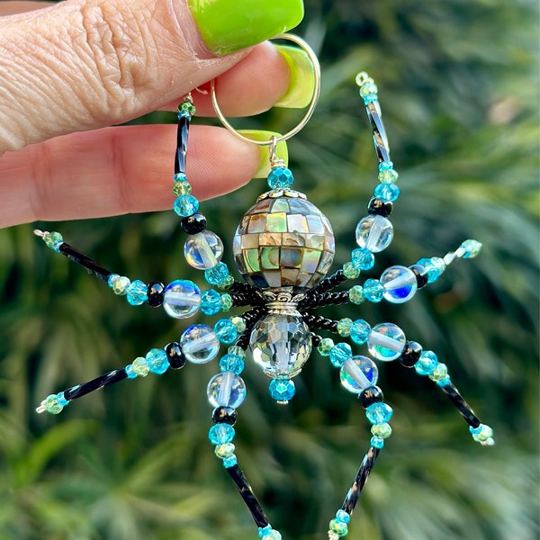 Abalone Mosaic Beaded Christmas Spider Ornament: Mermaid Grey Faceted ...