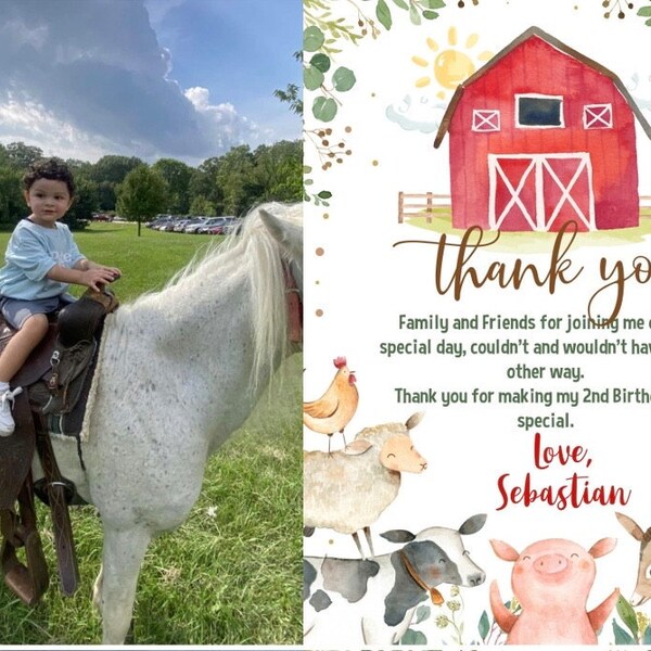 EDITABLE Farm Thank You Card, Barnyard First Birthday Note Card, Farm ...