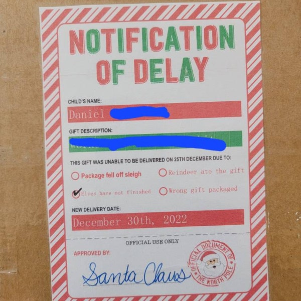 Late Gift Letter From Santa - Delayed Christmas Gift Notice - Missing ...