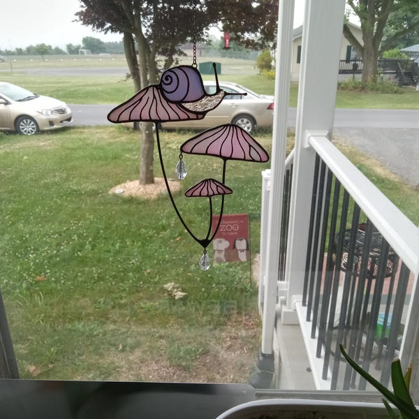 Mushrooms With Snail Stained Glass Window Hangings. Pink Suncatcher ...