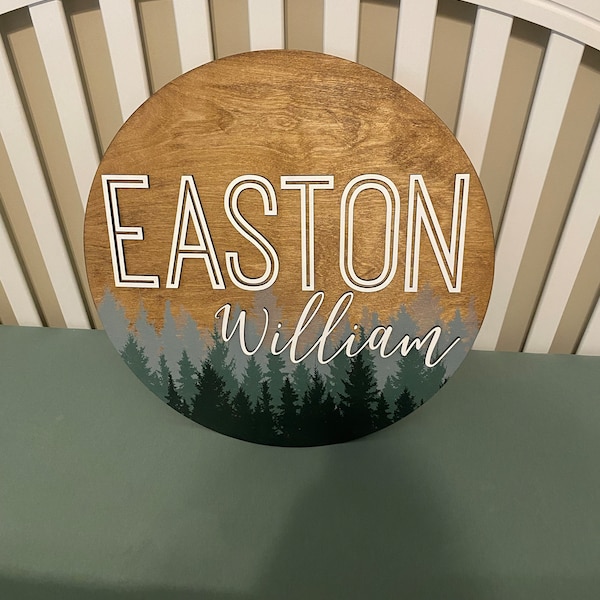 Round 3D Nursery Name Sign Pine Tree Pattern | 18-36 Inch Personalized ...