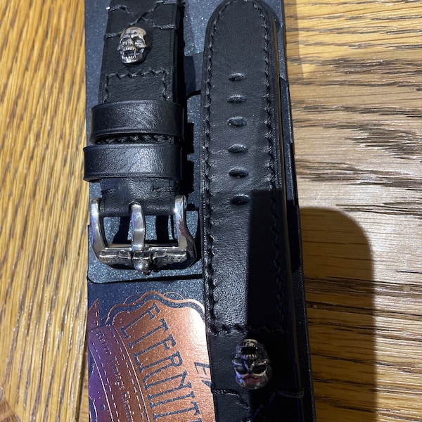 Black Leather Watch Straps 20mm, Sterling Silver 925 Skull, Buckle ...