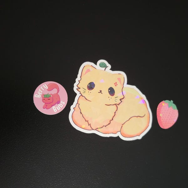 Strawberry Cat Sticker ~ Strawberry Loaf ~ Holographic Sticker ~ Cute ...