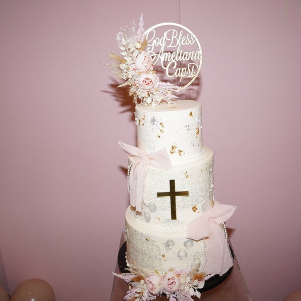 God Bless Cake Topper, Personalized Dried Flowers/ Silk Flowers Cake ...