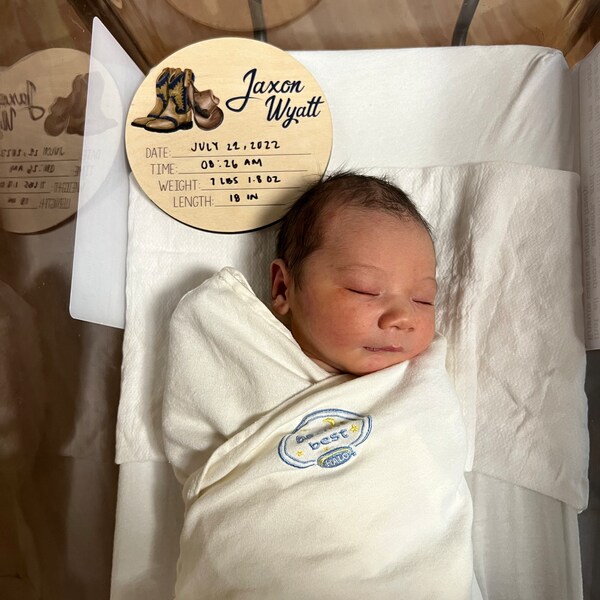 Cowboy Birth Stat Sign, Round Wood Birth Stat Sign, Western Birth Stat ...