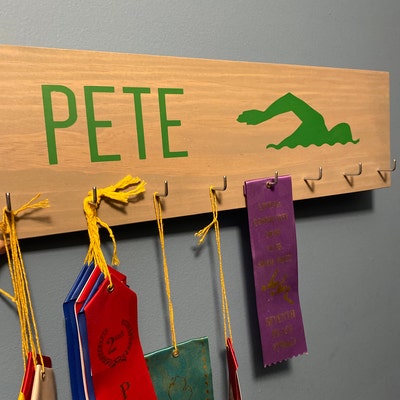 Personalized Swim Ribbon Holder Award Display With Hooks - Etsy